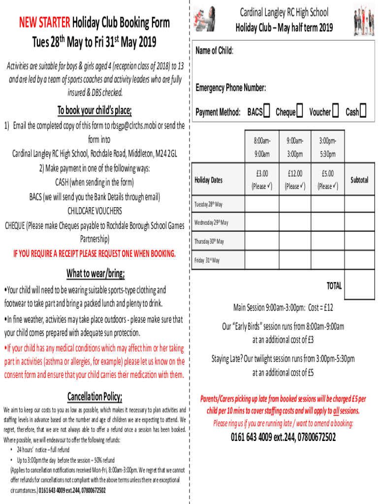 Fillable Online HOLIDAY CLUB BOOKING FORM Fax Email Print - pdfFiller