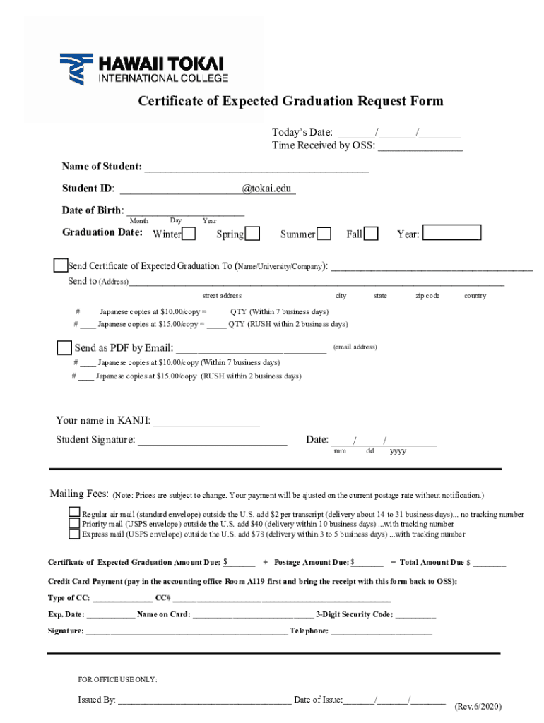 Fillable Online Certificate of Expected Graduation Request Form Fax ...