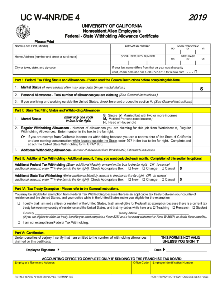 Fillable Online State Withholding Allowance Certificate (UC W-4NR/DE 4 ...