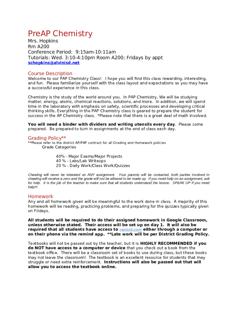 AP Chemistry Syllabus - Alvin ISD Doc Template | pdfFiller