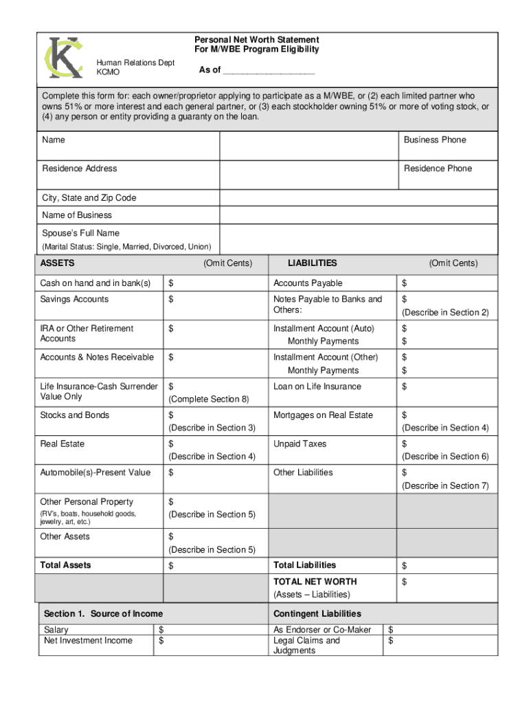 Fillable Online Instructions for Completing the Personal Net Worth ...
