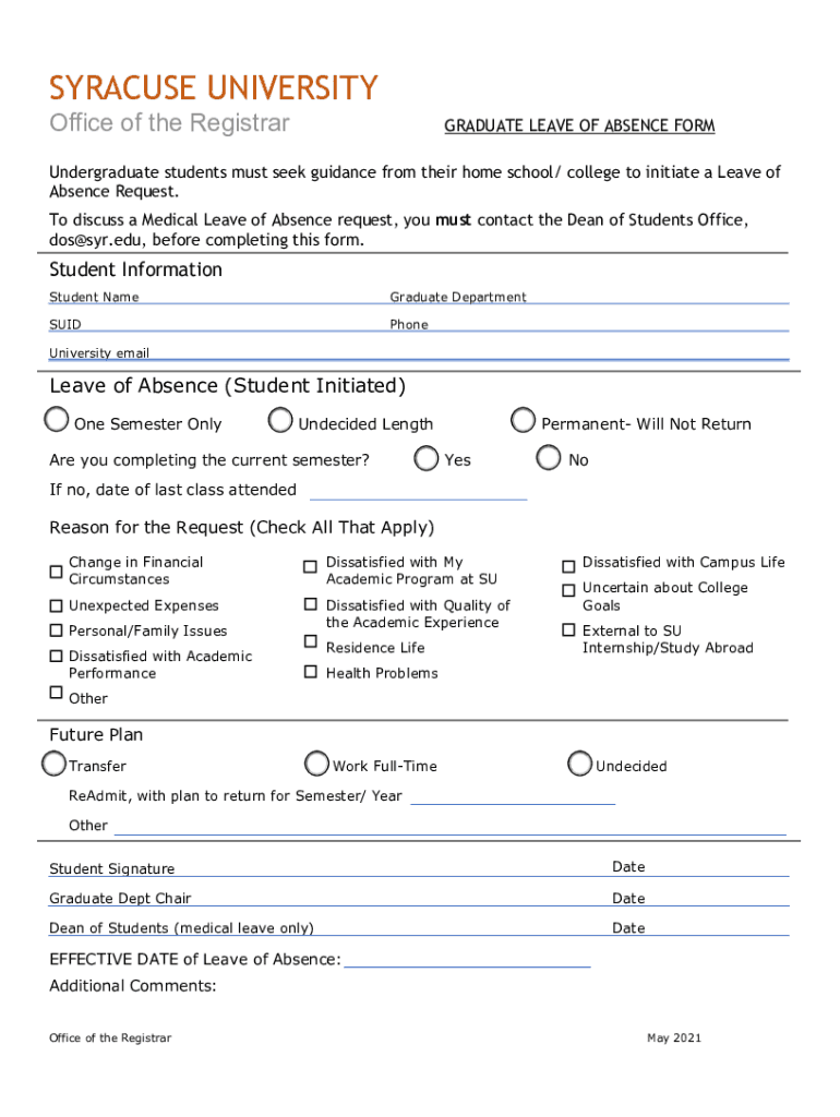 Fillable Online registrar syr University Withdrawal and Leave of Absence Form Fax Email Print ...