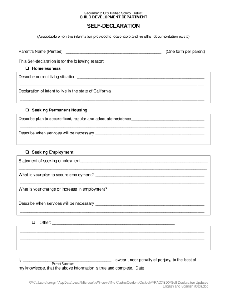 Fillable Online Self-Declaration Form - Sacramento City Unified School ...