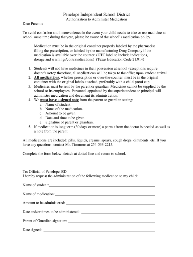 Fillable Online Physician Authorization for Administering Medication at ...