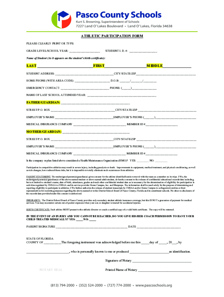 Fillable Online phs pasco k12 fl athletic participation form Fax Email ...