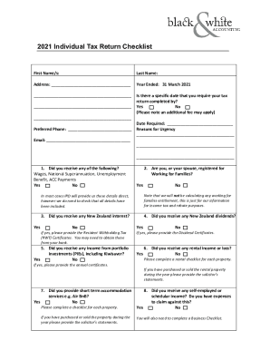 Fillable Online 2021 Individual Tax Return Checklist - Black & White ...