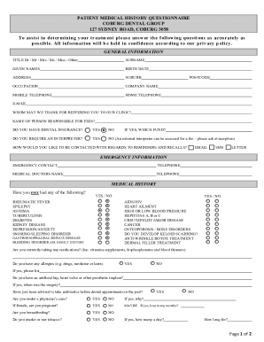 Fillable Online Page 1 of 2 PATIENT MEDICAL HISTORY QUESTIONNAIRE ...