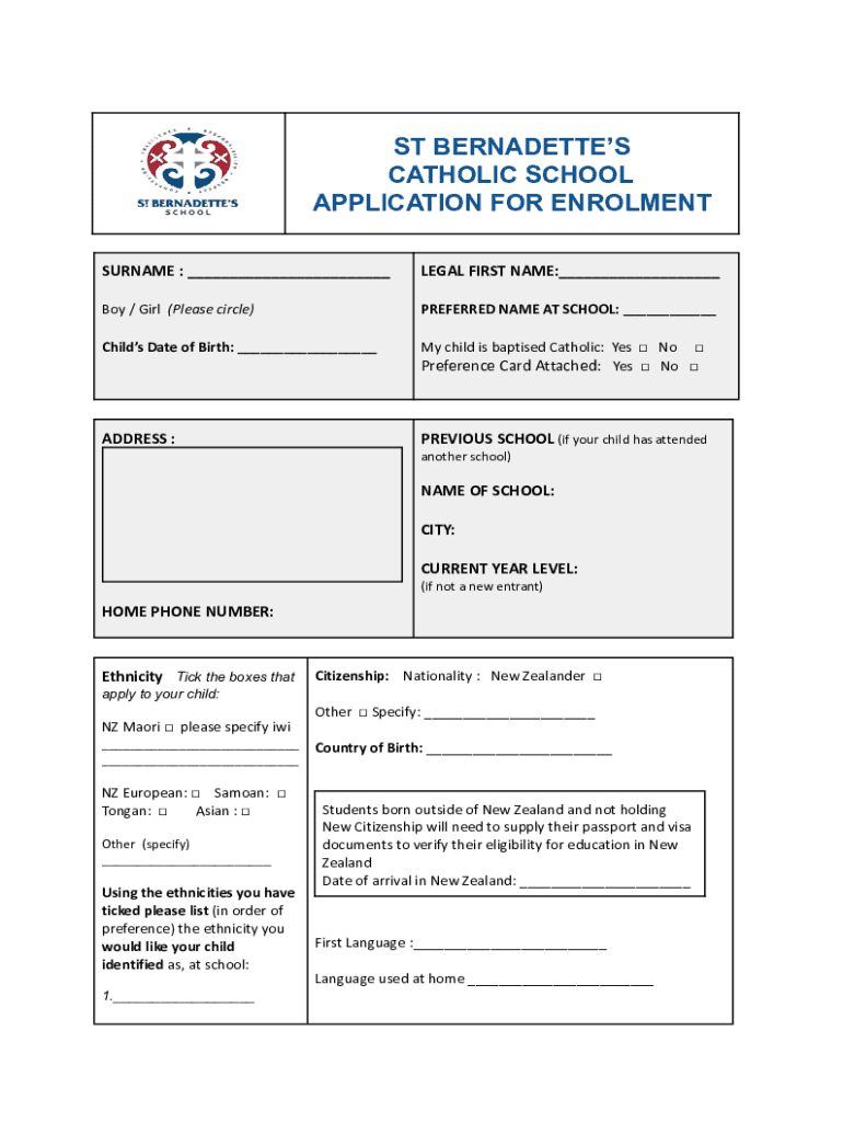 Fillable Online APPLICATION FOR ENROLMENT - ST BERNADETTE'S Fax Email ...