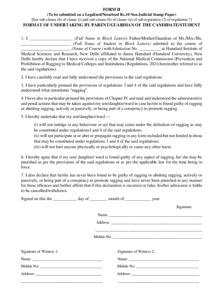 Fillable Online UNDERTAKING (To be executed on non-judicial stamp paper ...
