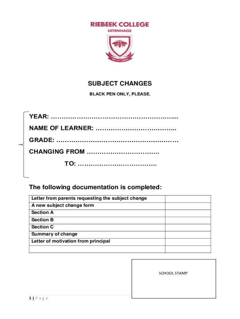 Fillable Online Subject Change Application in School Format and Sample ...