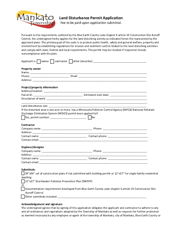 Fillable Online Land Disturbance Permit Application - City of Mankato ...