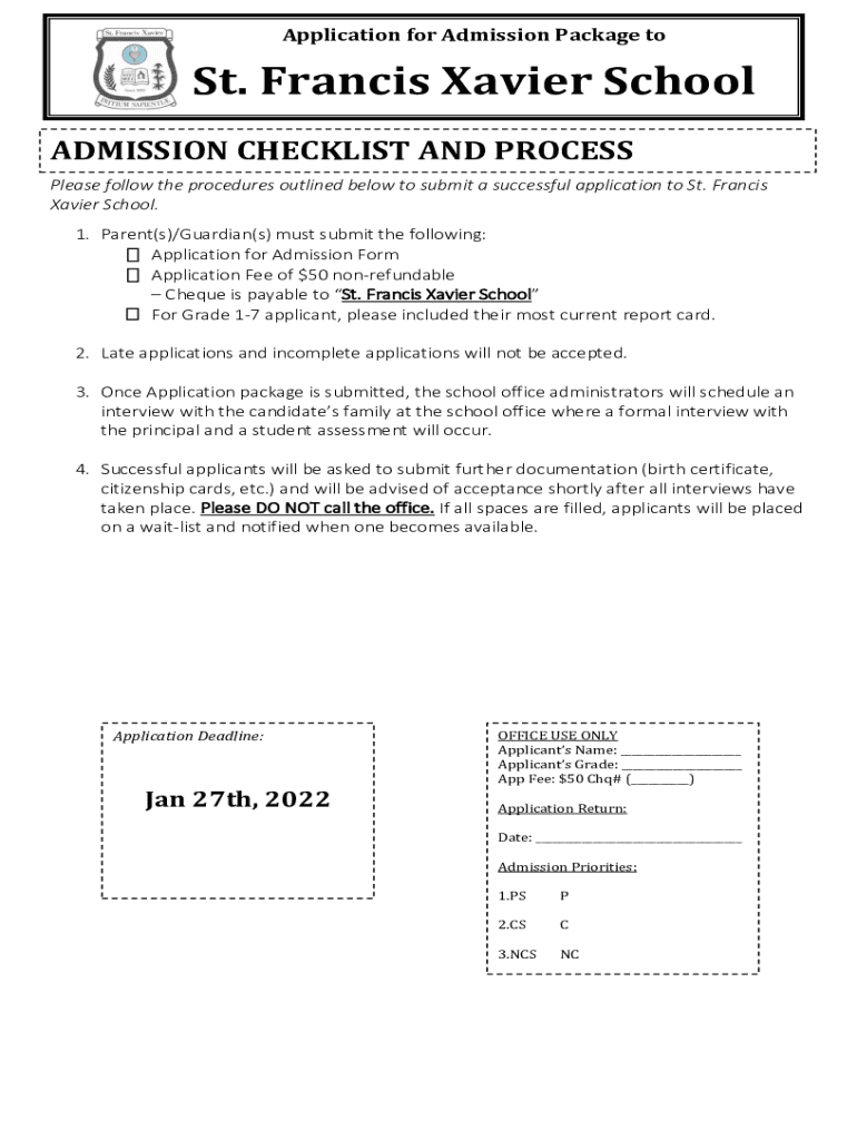 Fillable Online Application for Admission Package to - St. Francis Xavier School Fax Email Print ...