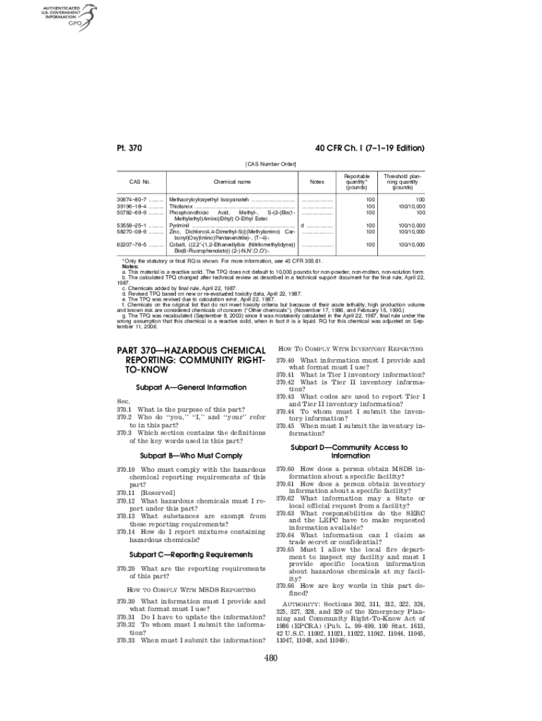 Fillable Online 40 CFR Appendix A to Part 355 - The List of Extremely ...