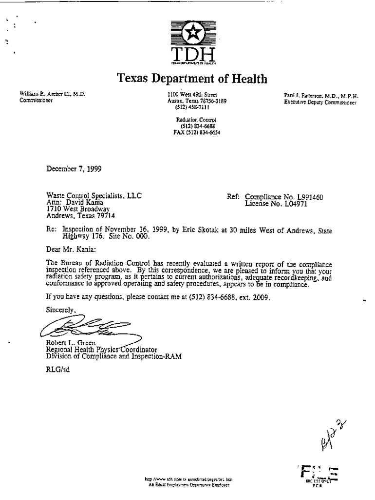 Fillable Online Letter to Waste Control Specialists from R. Green re ...