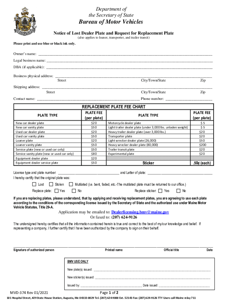 Fillable Online Form MVD-374 "Notice of Lost Dealer Plate and Request ...