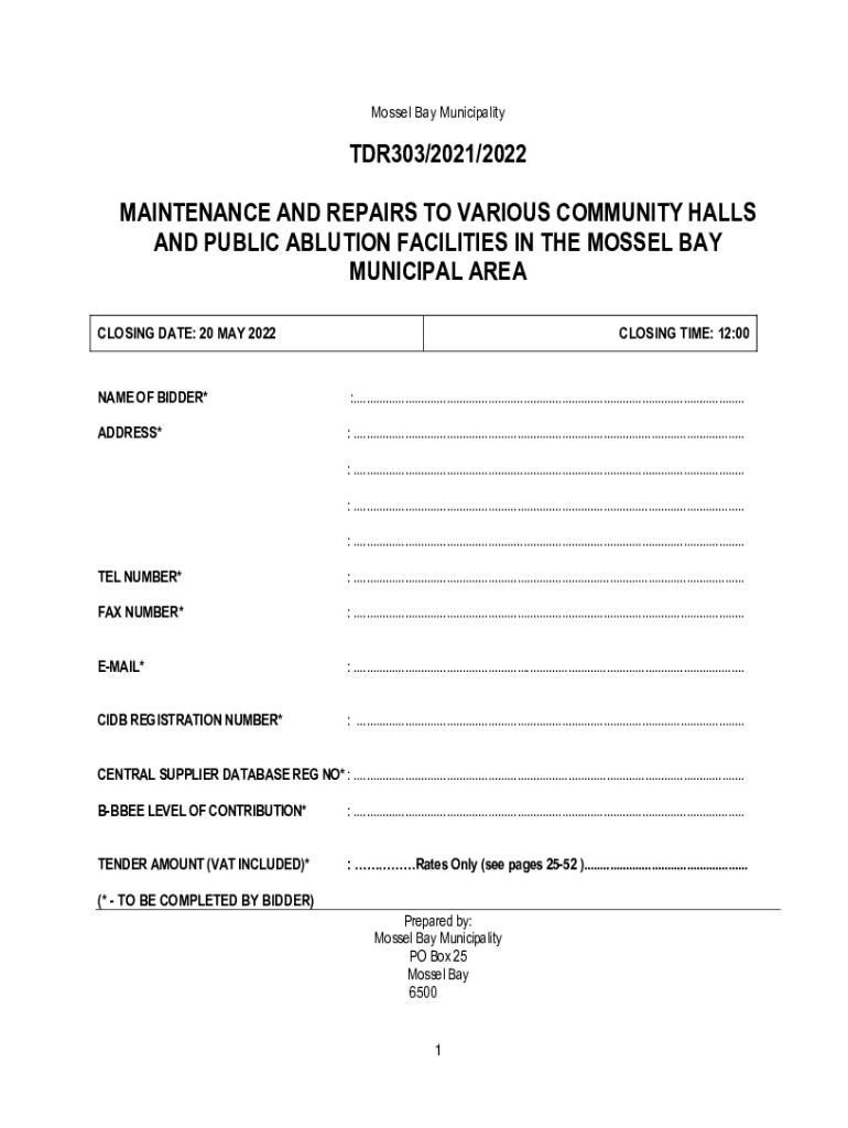 Fillable Online Mossel Bay Municipality Tenders Available Fax Email ...