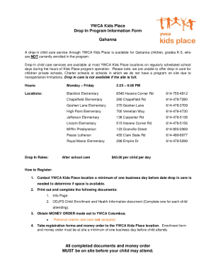 Fillable Online YWCA Kids Place Drop In Program Information Form ...