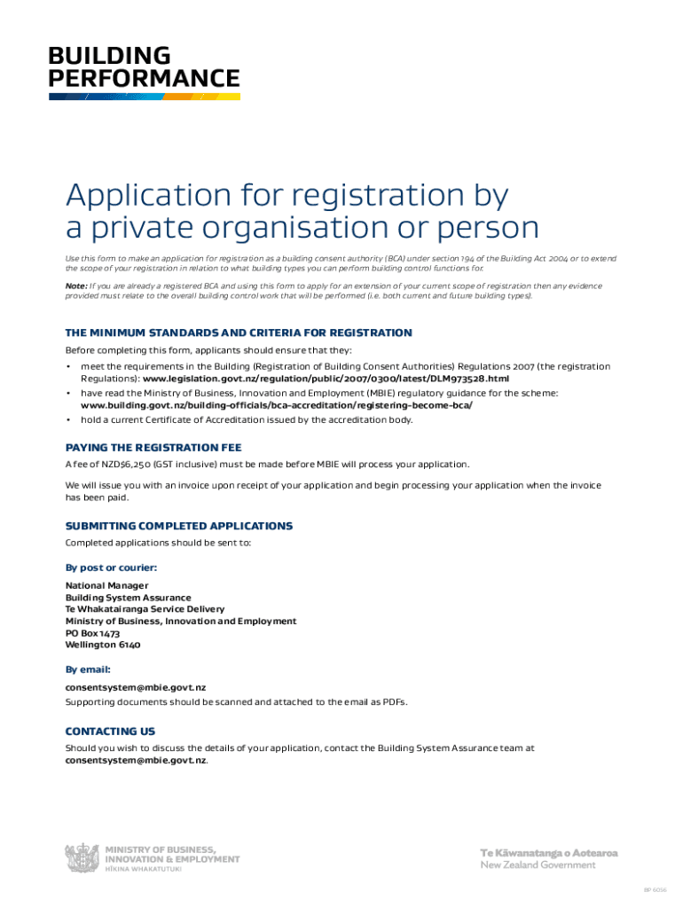 Fillable Online Application for registration by a private organisation ...
