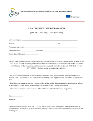Fillable Online SELF CERTIFICATION DECLARATION (Art. 46 D.P.R. 28/12 ... Fax Email Print - pdfFiller