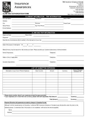 Fillable Online claim and authorization form - RBC Insurance Fax Email ...