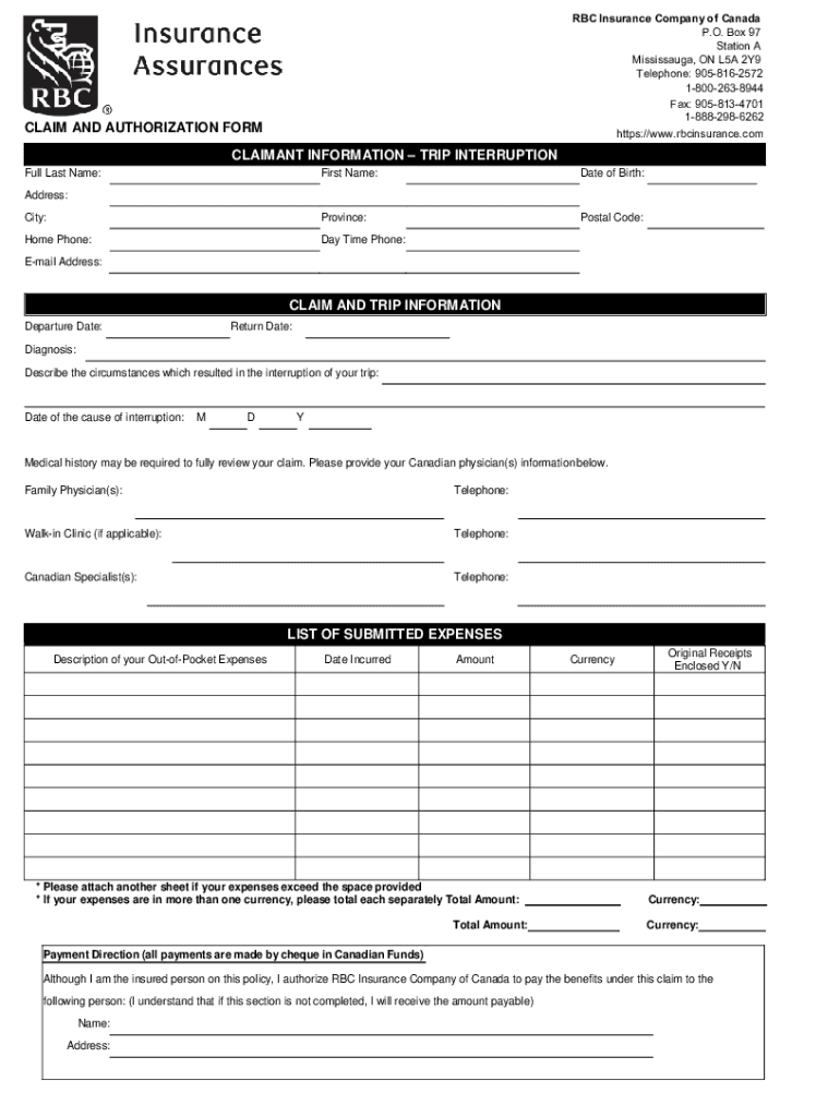 Fillable Online claim and authorization form - RBC Insurance Fax Email ...