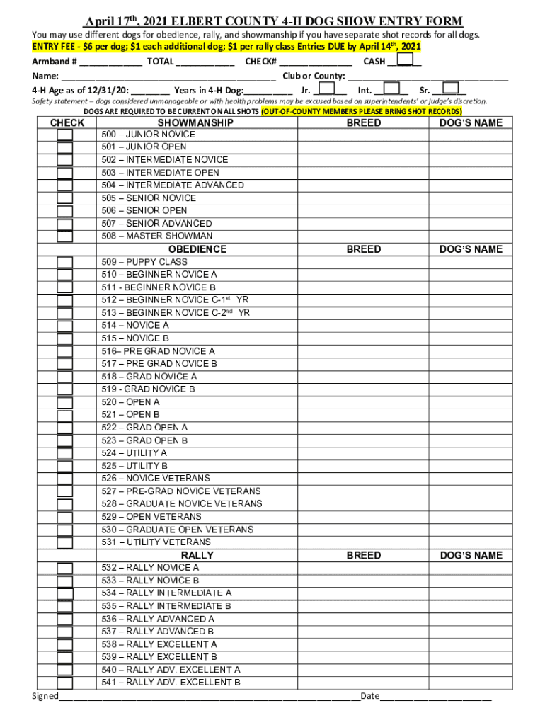 Fillable Online ELBERT COUNTY 4-H DOG SHOW ENTRY FORM Fax Email Print ...