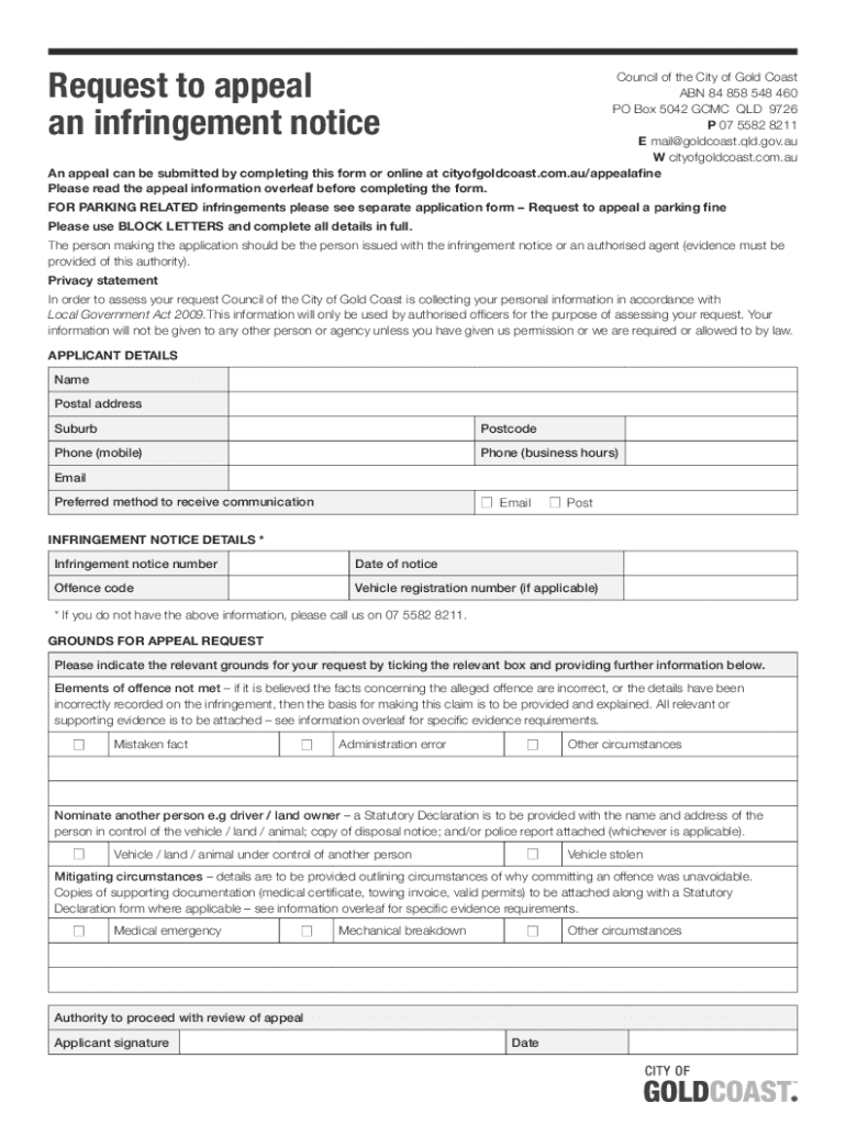 Fillable Online Request to appeal an infringement notice. Request to ...