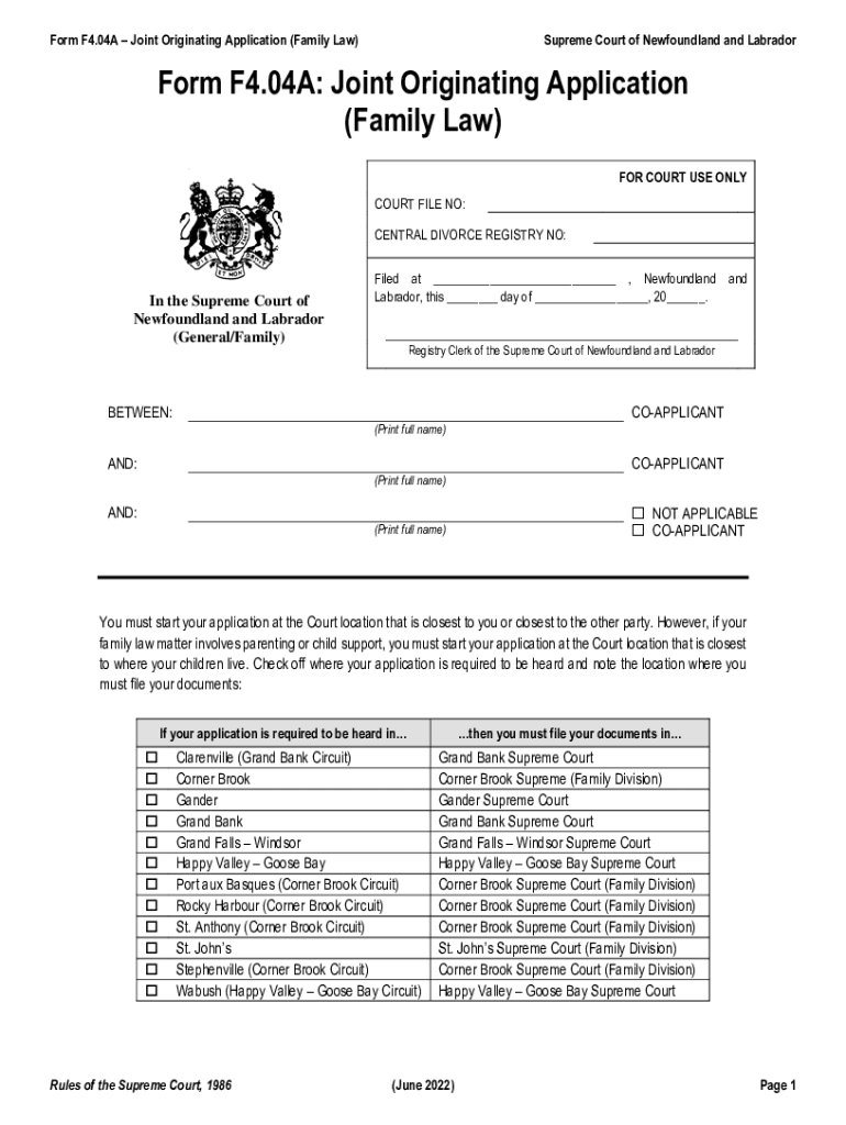 Fillable Online Form F4.04A: Joint Originating Application (Family Law ...