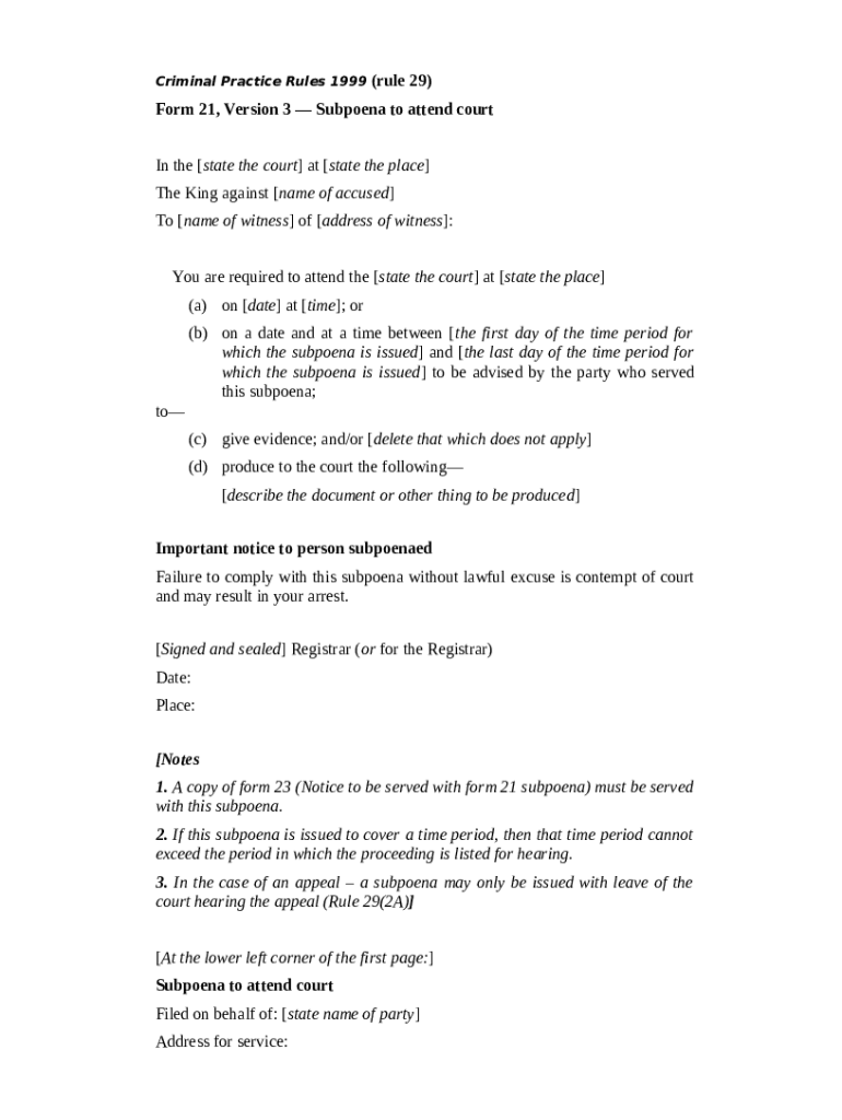 Criminal Practice Rules - 21. Criminal Practice Rules - Subpoena to attend court Doc Template ...