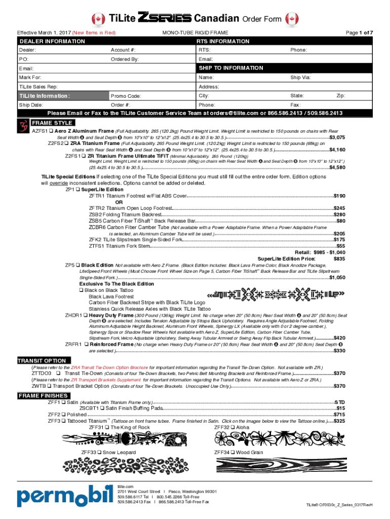 Fillable Online TiLite Z-SeriesCanadian Order Form - The Access Store Fax Email Print - pdfFiller