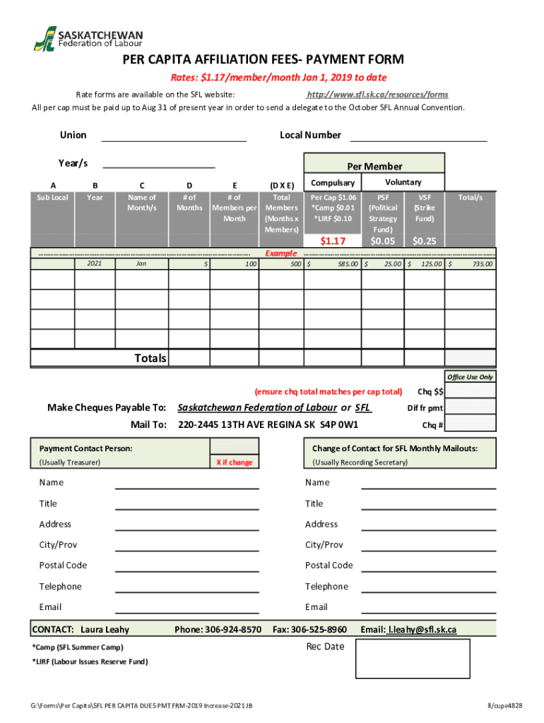 Fillable Online PER CAPITA AFFILIATION FEES- PAYMENT FORM Fax Email Print - pdfFiller