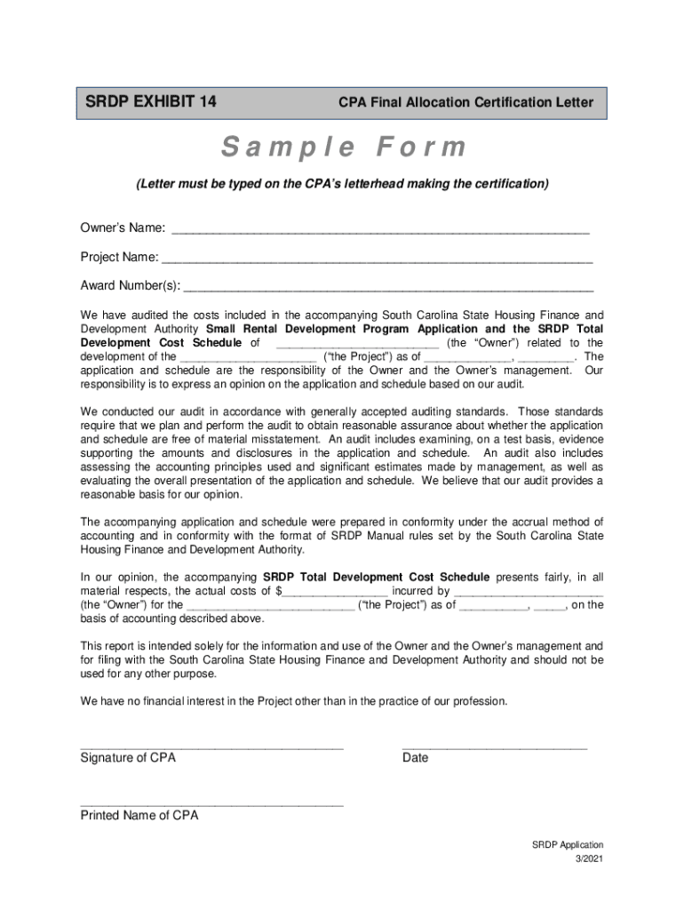 Fillable Online SRDP Exhibit 14-CPA Cost Certification - SC Housing Fax ...