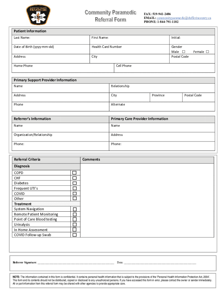 Fillable Online Paramedic Service Referral Form.pdf - Central West ...