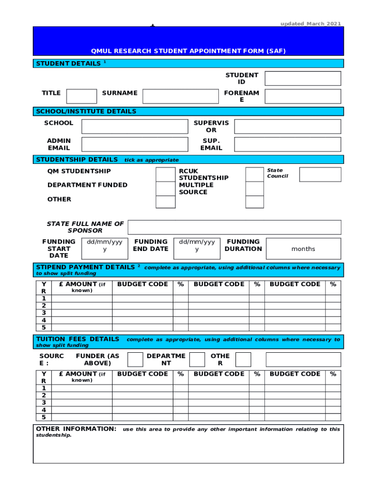 QMUL STUDENT APPOINTMENT (SAF) - arcs qmul ac Doc Template | pdfFiller