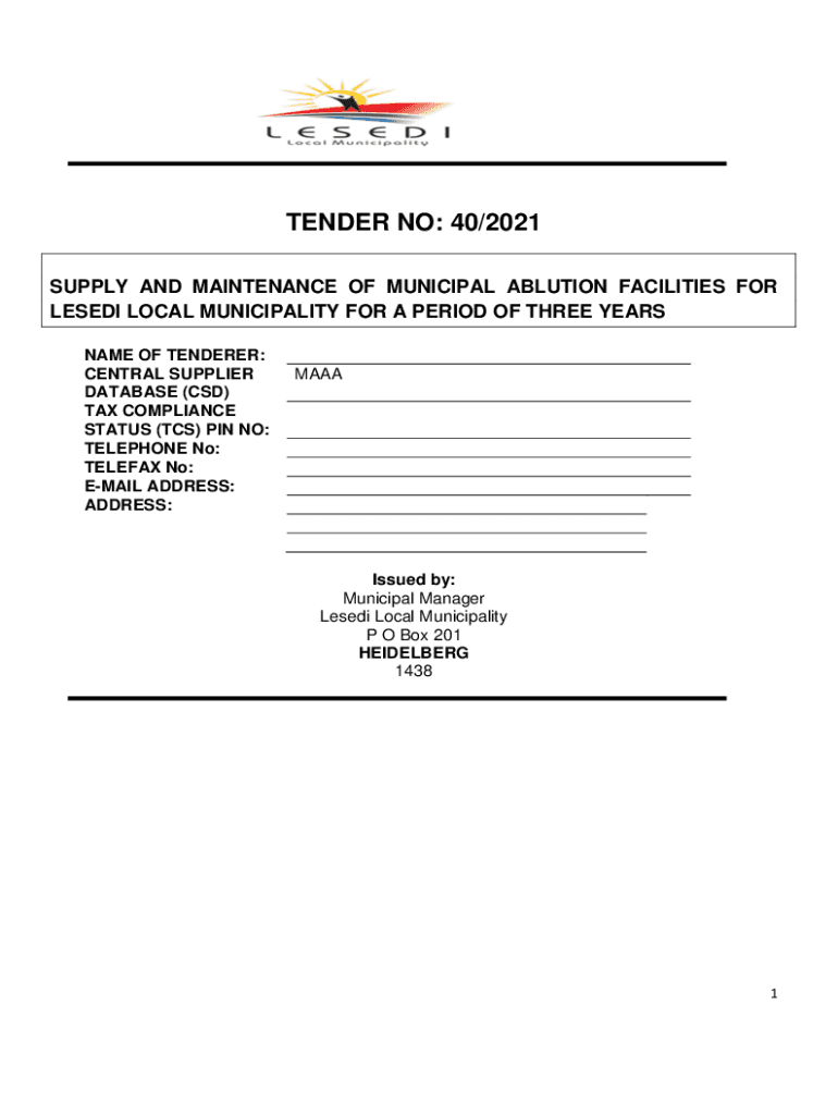 Fillable Online Tenders: Municipal Database - Lesedi Local ...