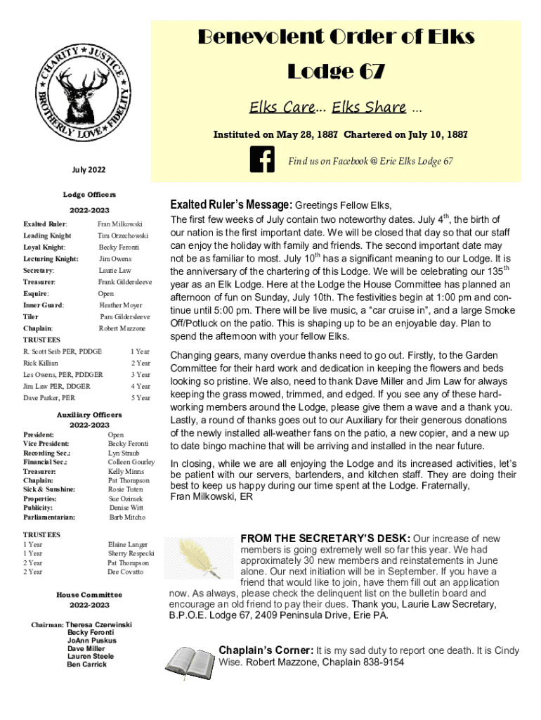 Fillable Online Benevolent Order of Elks Lodge 67 - PDF Free Download ...