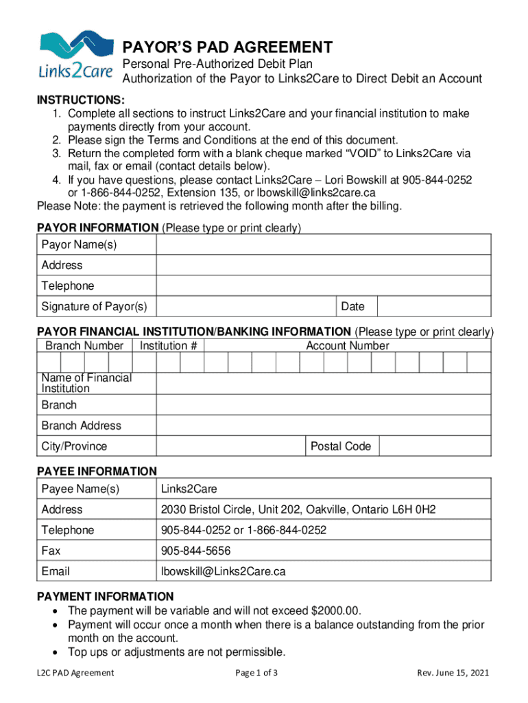 Fillable Online PAYOR'S PAD AGREEMENT - Personal Pre-Authorized Debit ...