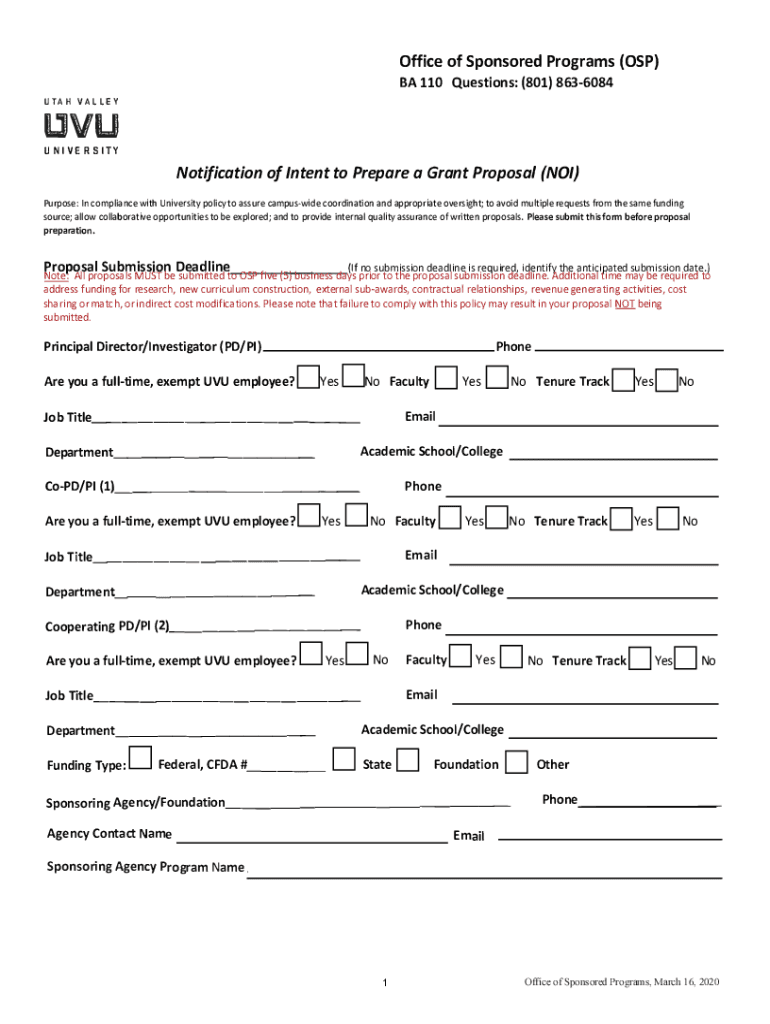 Fillable Online Office of Sponsored Programs (OSP) Notification of Intent to Prepare ... Fax ...
