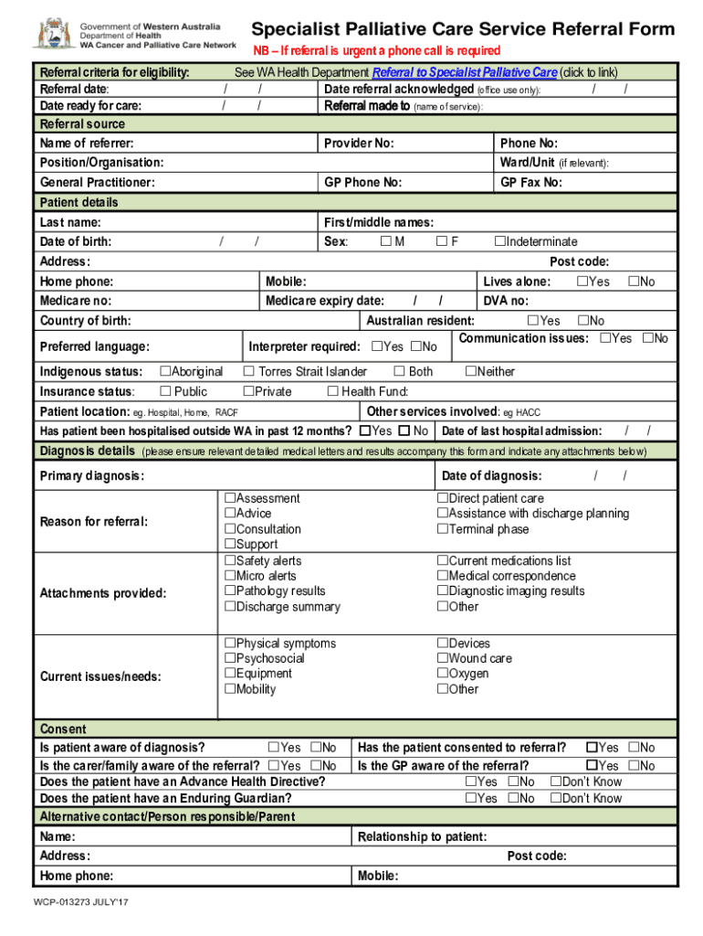 Fillable Online Specialist Palliative Care Service Referral Form ...
