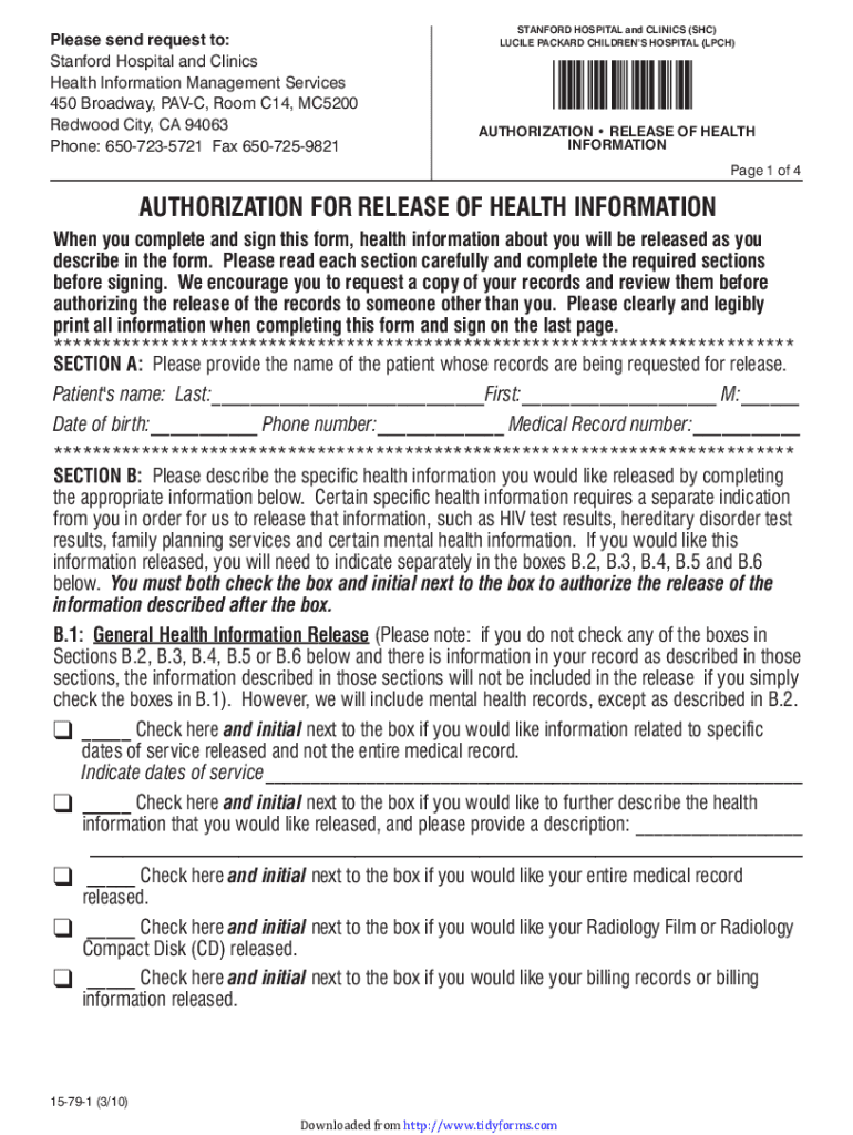 Fillable Online authorization-disclosure-form.pdf - Stanford Health Care Fax Email Print - pdfFiller