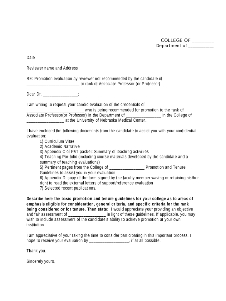 SAMPLE LETTERS TO EXTERNAL EVALUATORS FOR P&T ... Doc Template | pdfFiller