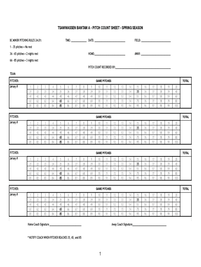 Fillable Online Pitch Count Sheet - Bantam A - SPRING Fax Email Print ...