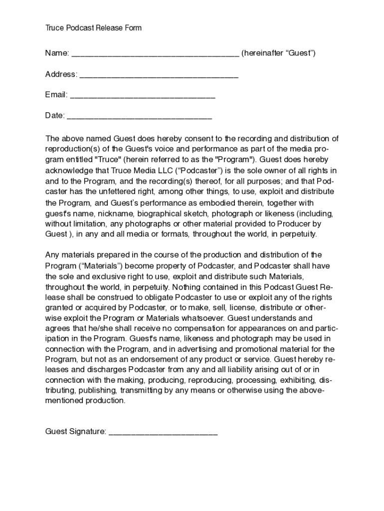 Truce Podcast Release Form - Blank Fillable Template | Fill Out, Print ...