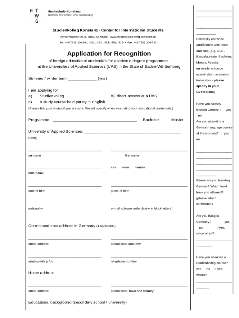 Online htwg-konstanz Application for Recognition Doc Template | pdfFiller