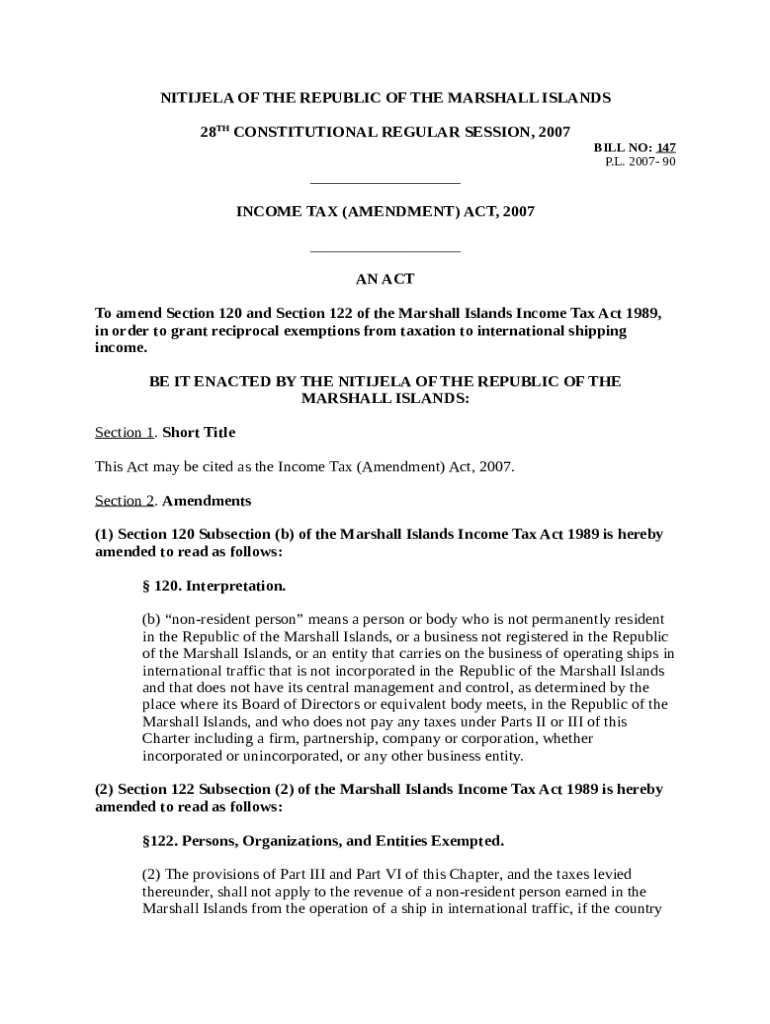 RMI Income Tax (Amendment) Act 2007, Bill No: 147 - GN-SEC Doc Template ...
