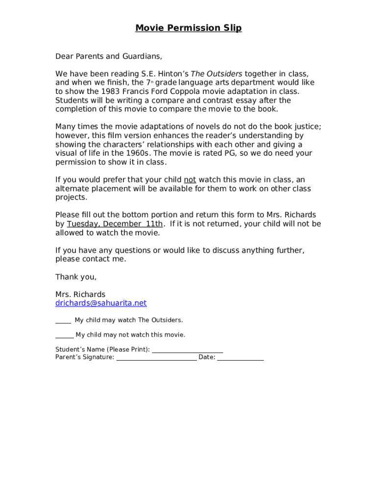 The Outsiders book and movie permission slip.docx Doc Template | pdfFiller