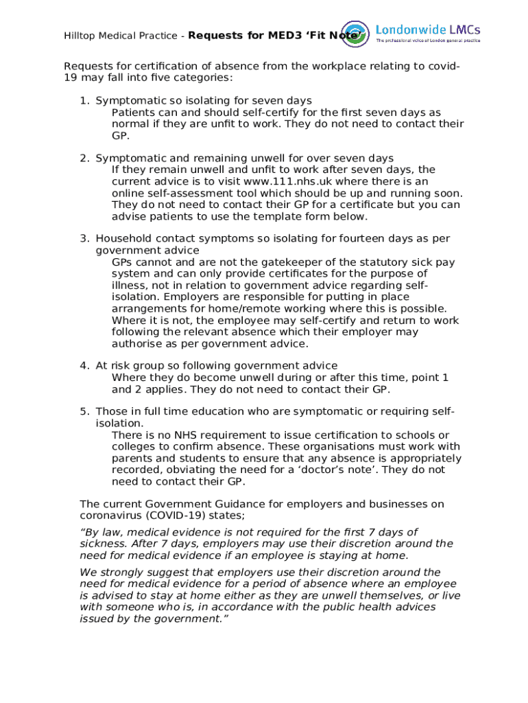 Covid-19 and Requests for Doctor's Notes (the MED3 'Fit Note') Doc ...