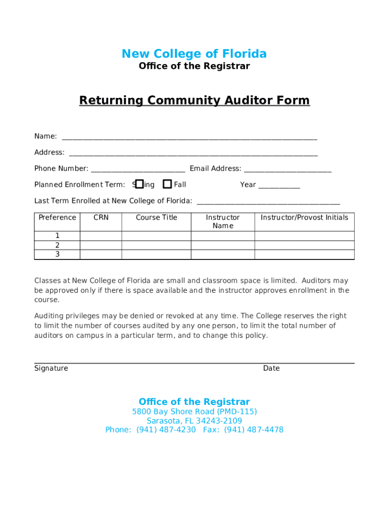 Returning Community Auditor - New College of Florida Doc Template ...