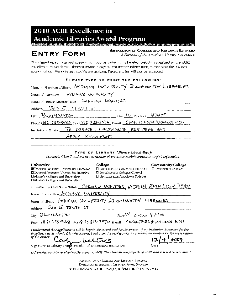 Fillable Online Excellence in Academic Libraries Award Application Form Fax Email Print - pdfFiller