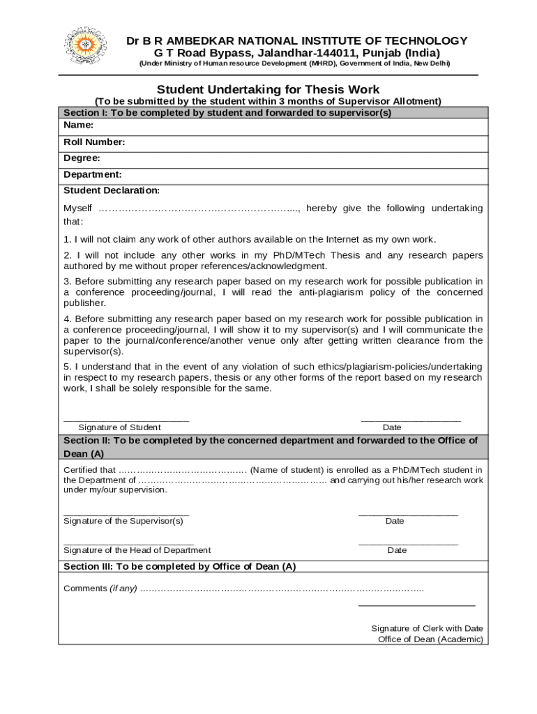 Student Undertaking for Thesis Work - NIT Jalandhar Doc Template ...